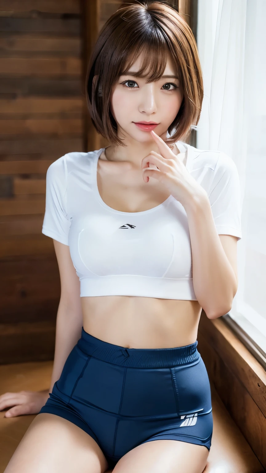 Arafed asian woman in a white top and blue shorts - SeaArt AI