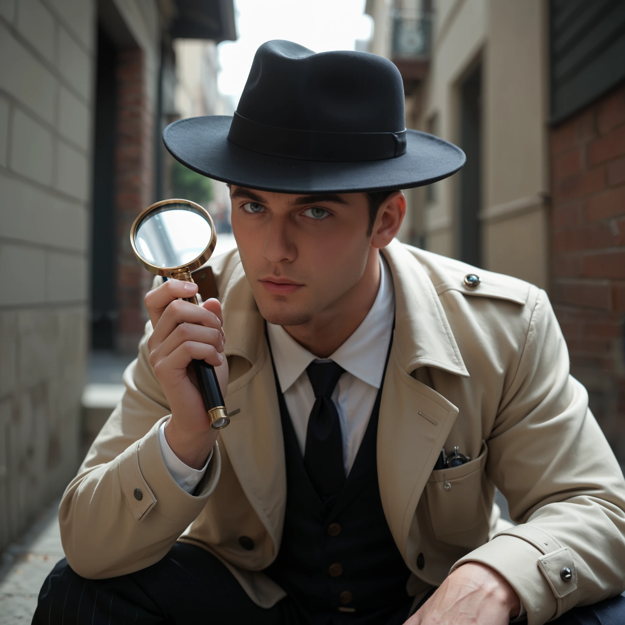 Arafed man in a hat and trench coat holding a magnifying glass - SeaArt AI