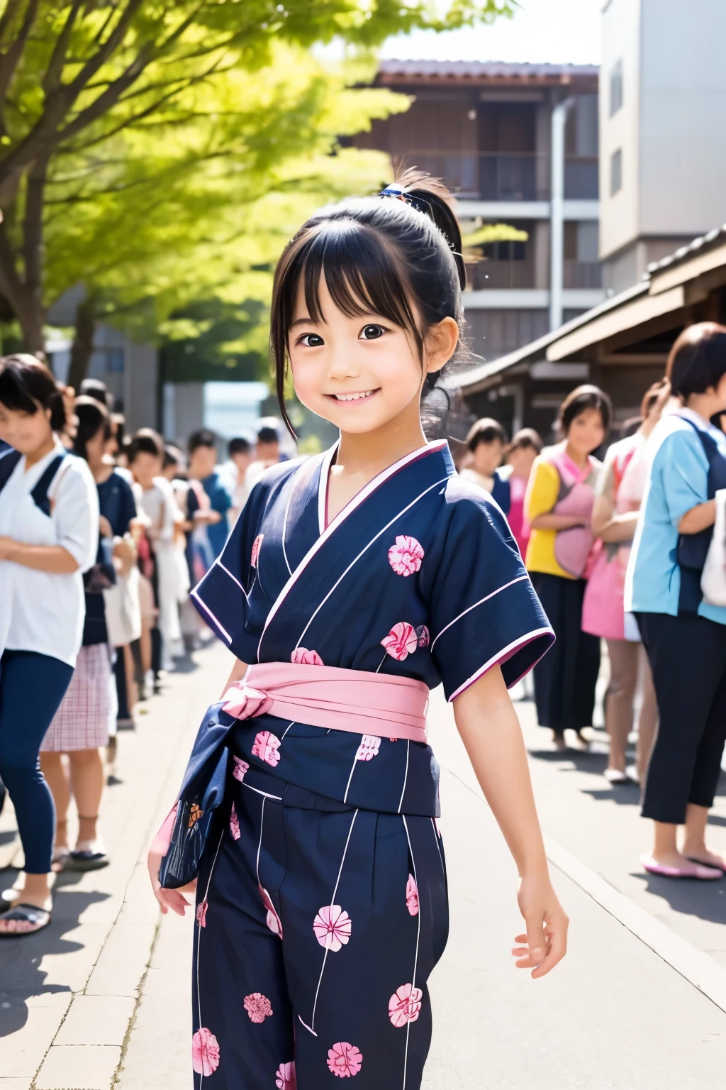 Araffe girl in a kimono walking down a street with a crowd of people ...