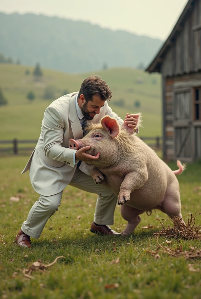 Man in white suit wrestling with a pig - SeaArt AI