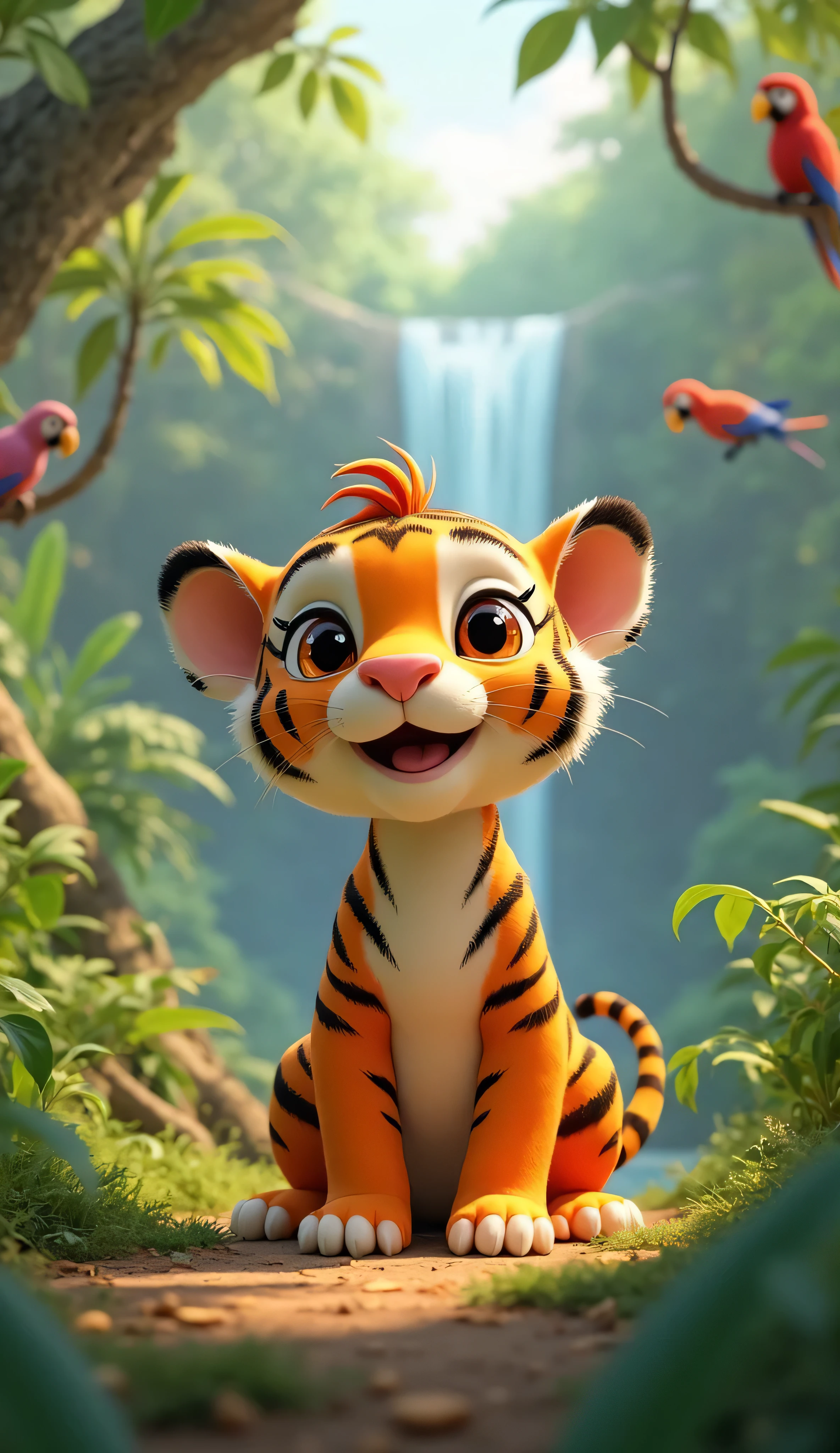 A close up of a tiger sitting in the grass near a waterfall - SeaArt AI