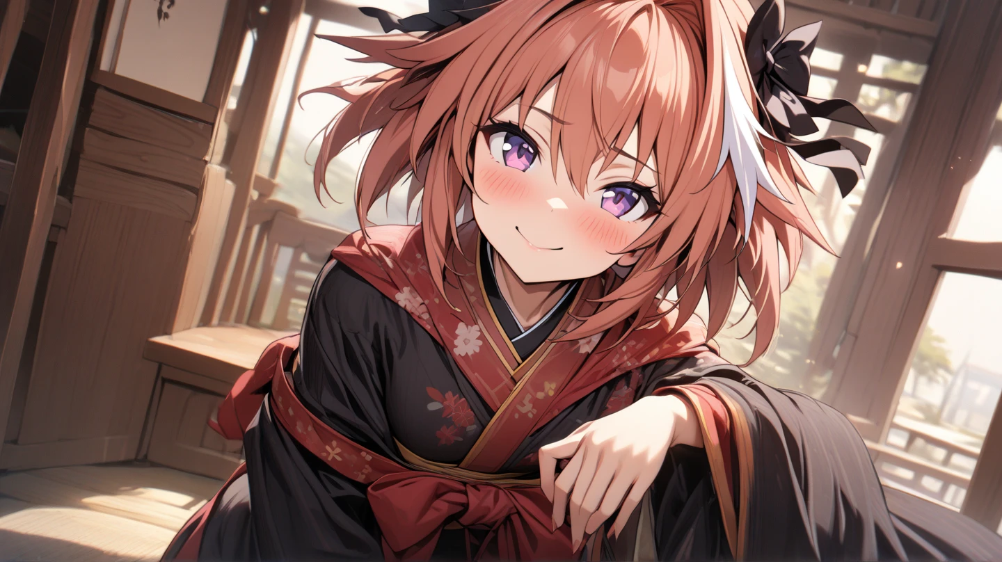 1girl, Solo, Blush, Smile, Ribbon, Kimono, Astolfo, High Details ...