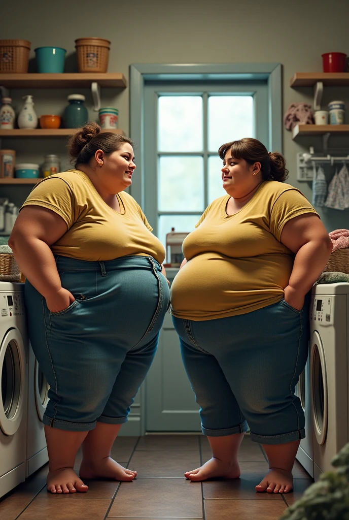Draw two obese women in a laundry room - SeaArt AI