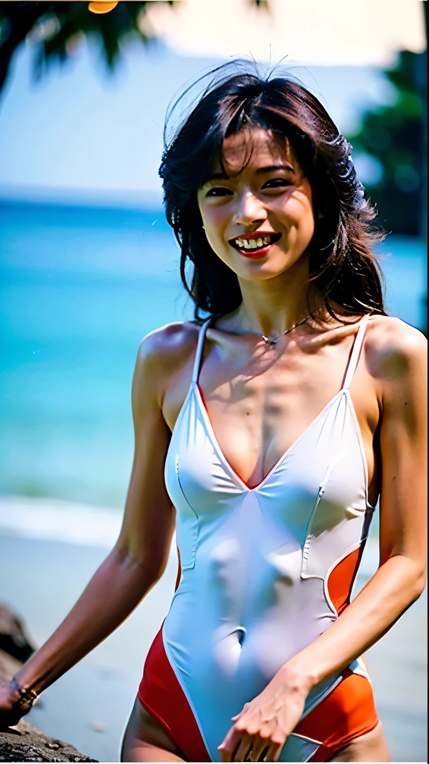 Woman in a white and red swimsuit standing on a beach - SeaArt AI