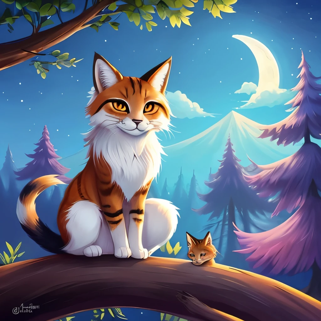 There is a cat sitting on a tree branch in the woods - SeaArt AI