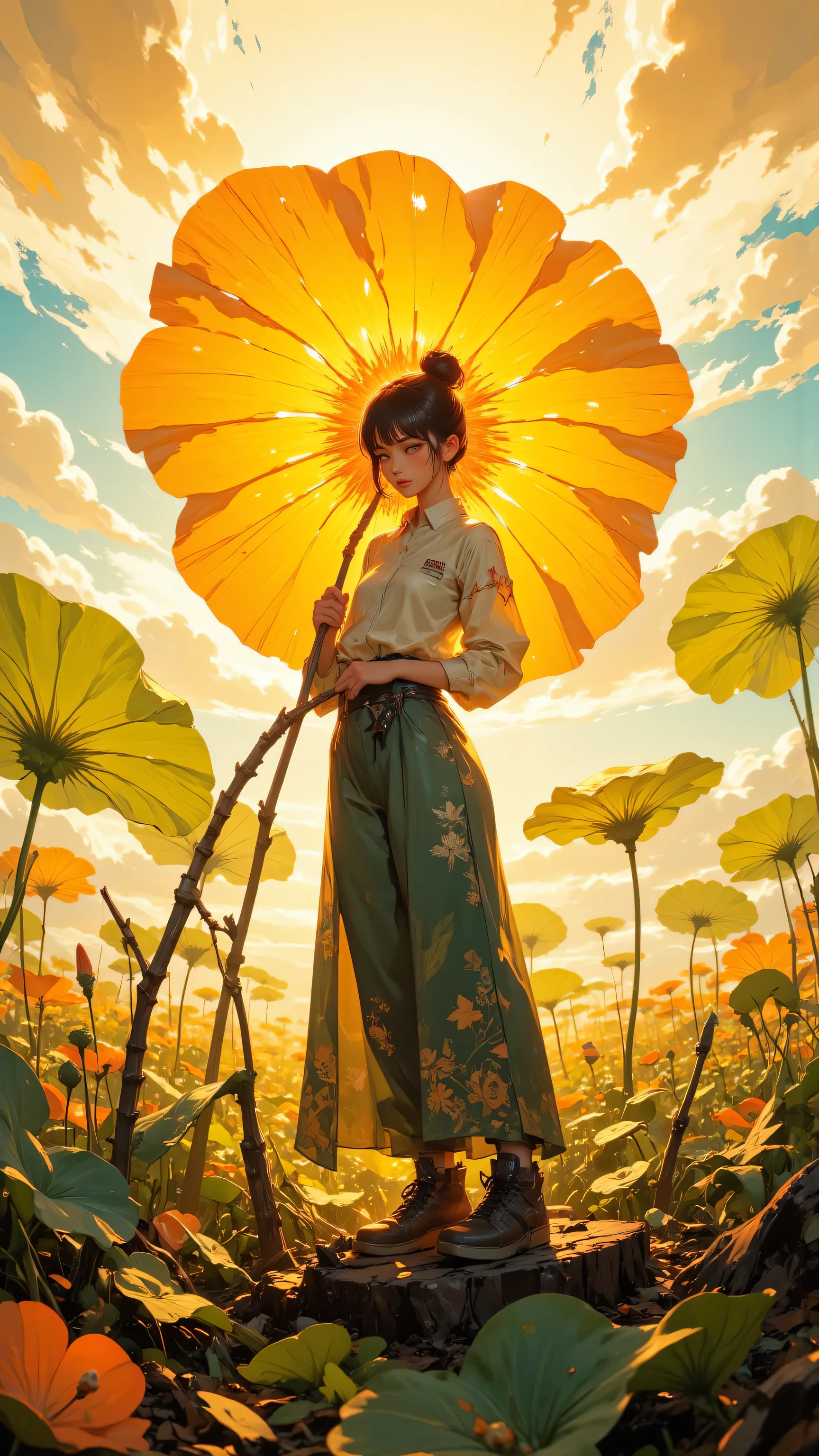 There is a woman holding an umbrella in a field of flowers - SeaArt AI