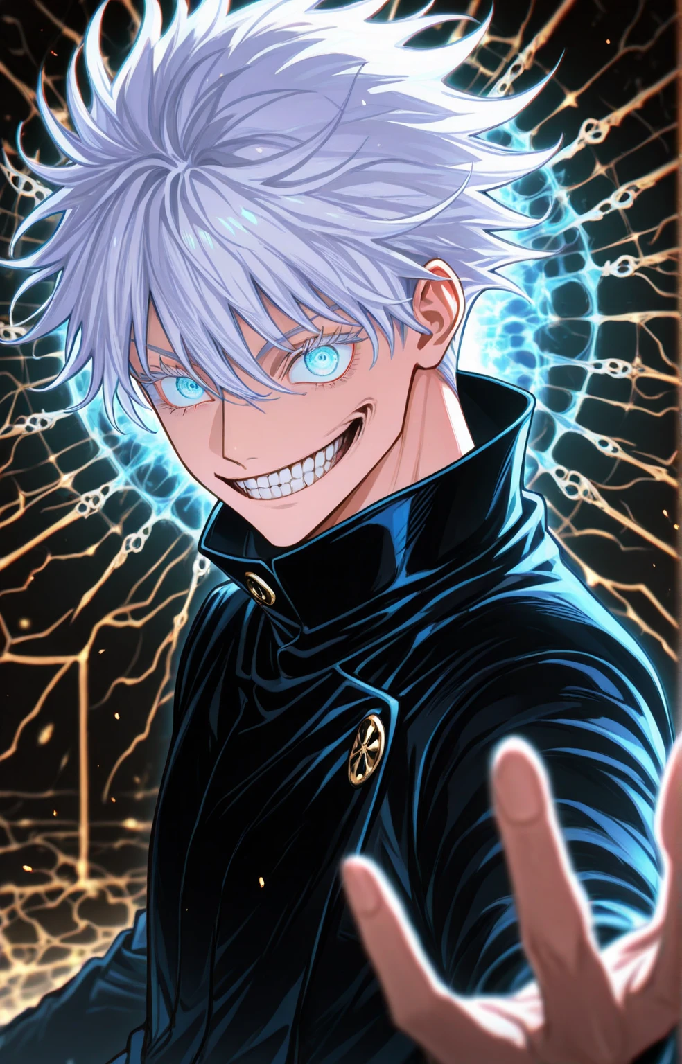 Gojou satoru, jujutsu kaisen, 1boy, hand up, blue eyes, hair between ...