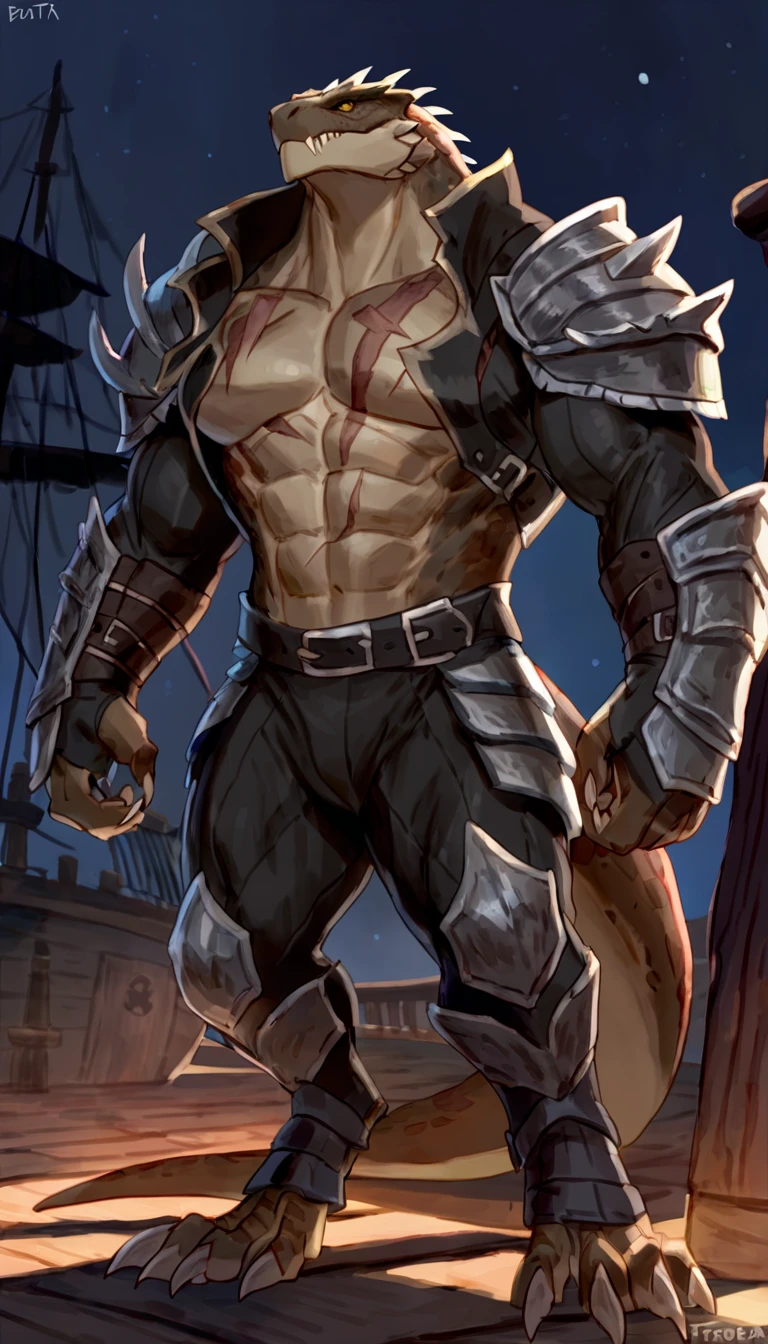 Muscular lizardfolk, solo, anthro lizard, pirate brute, detailed skin - SeaArt AI