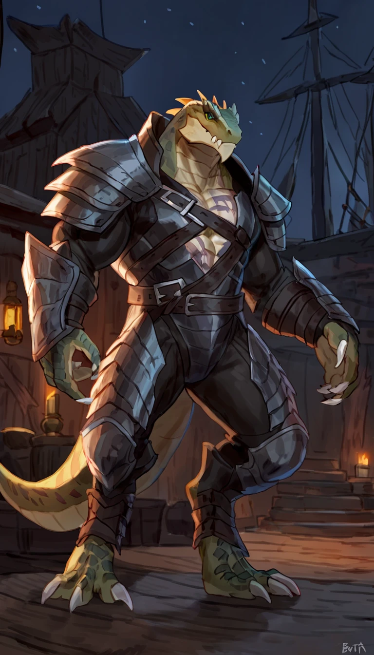 Muscular lizardfolk, solo, anthro lizard, pirate brute, detailed skin ...