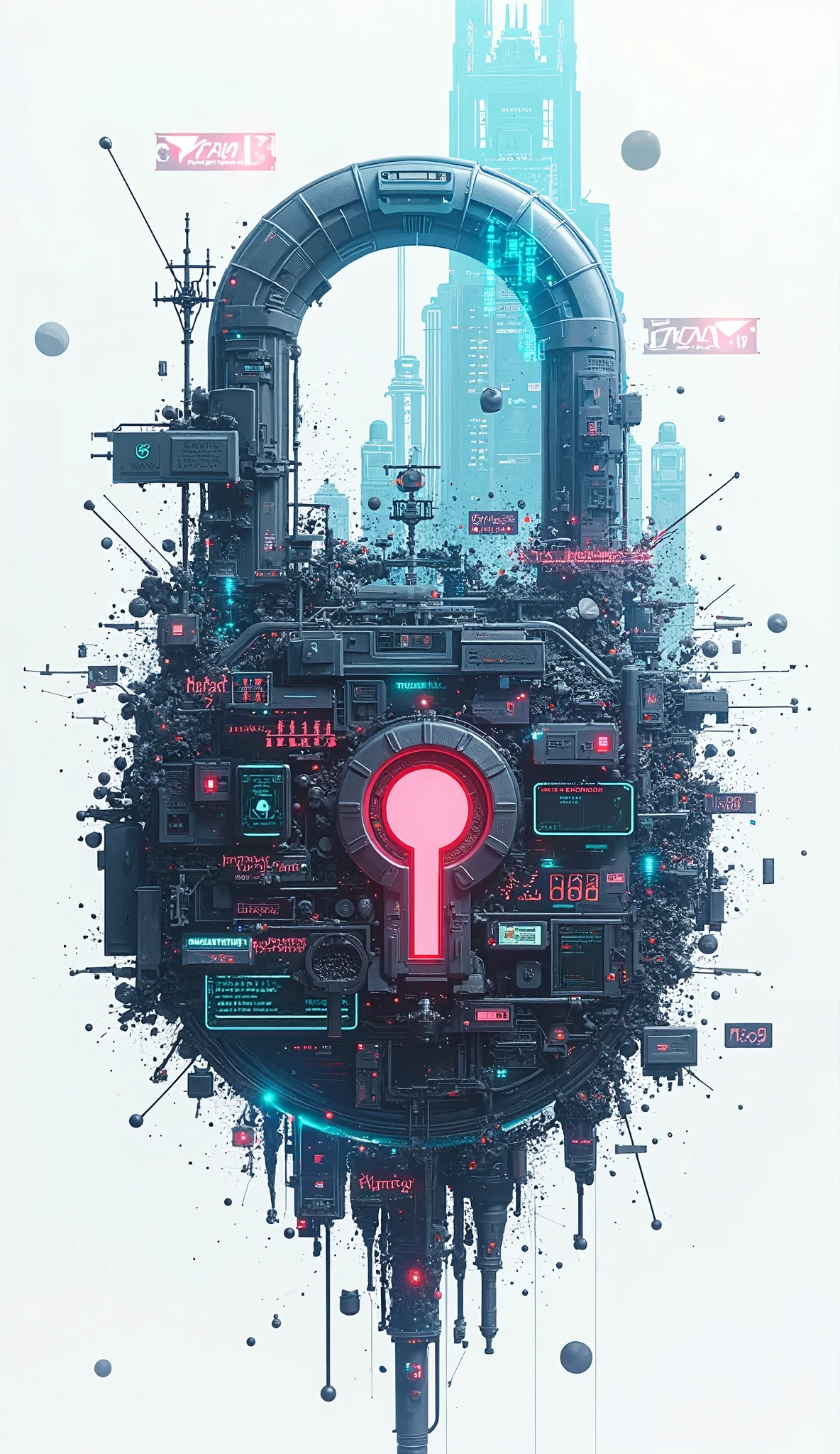There is a digital illustration of a lock with a city in the background ...