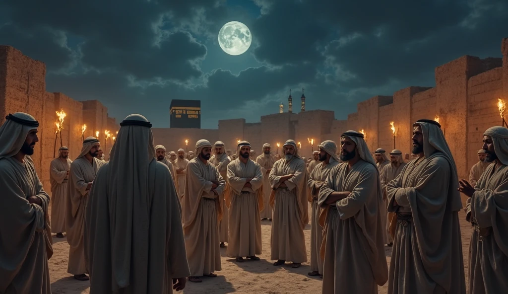 A historical scene of Mecca at night, showing a group of Quraysh ...