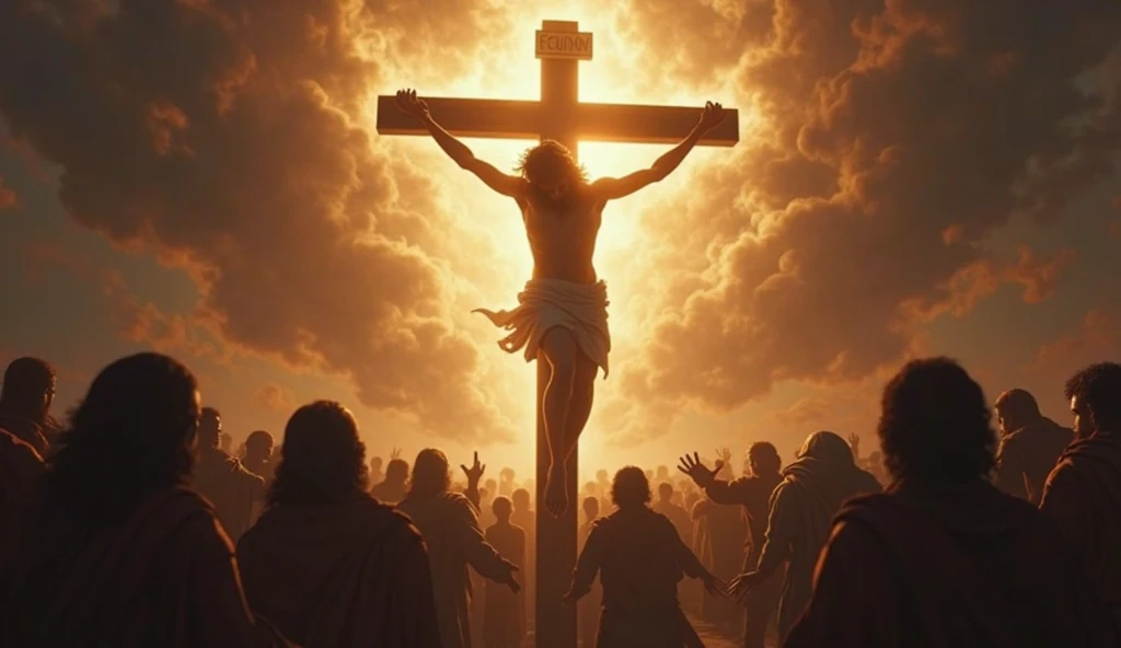 Silhouette of Christ on the Cross with a radiant glow, while in the ...