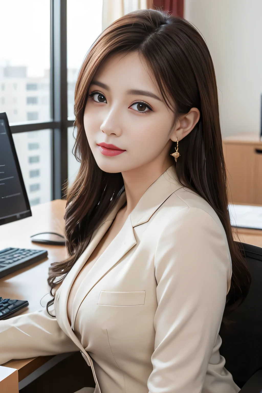 Araffe woman sitting at a desk with a computer and a keyboard - SeaArt AI