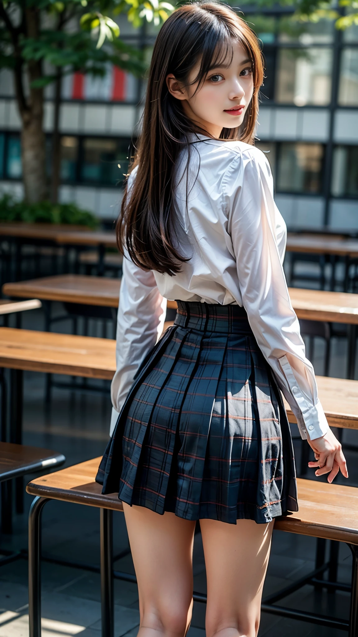 Arafed asian woman in a skirt and shirt standing on a bench - SeaArt AI