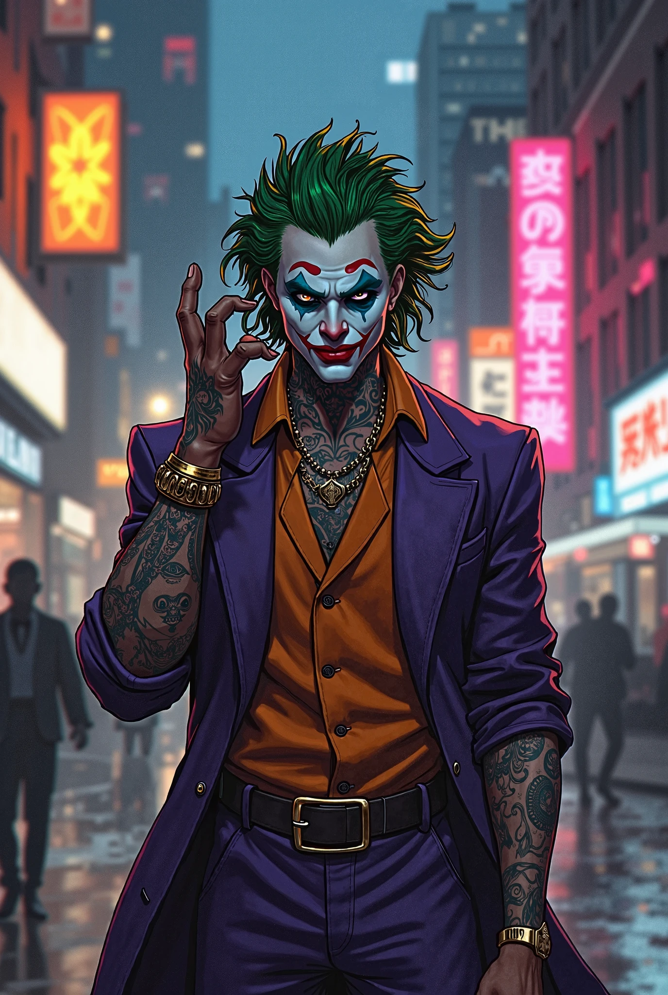 Joker in a purple suit talking on a cell phone in a city - SeaArt AI