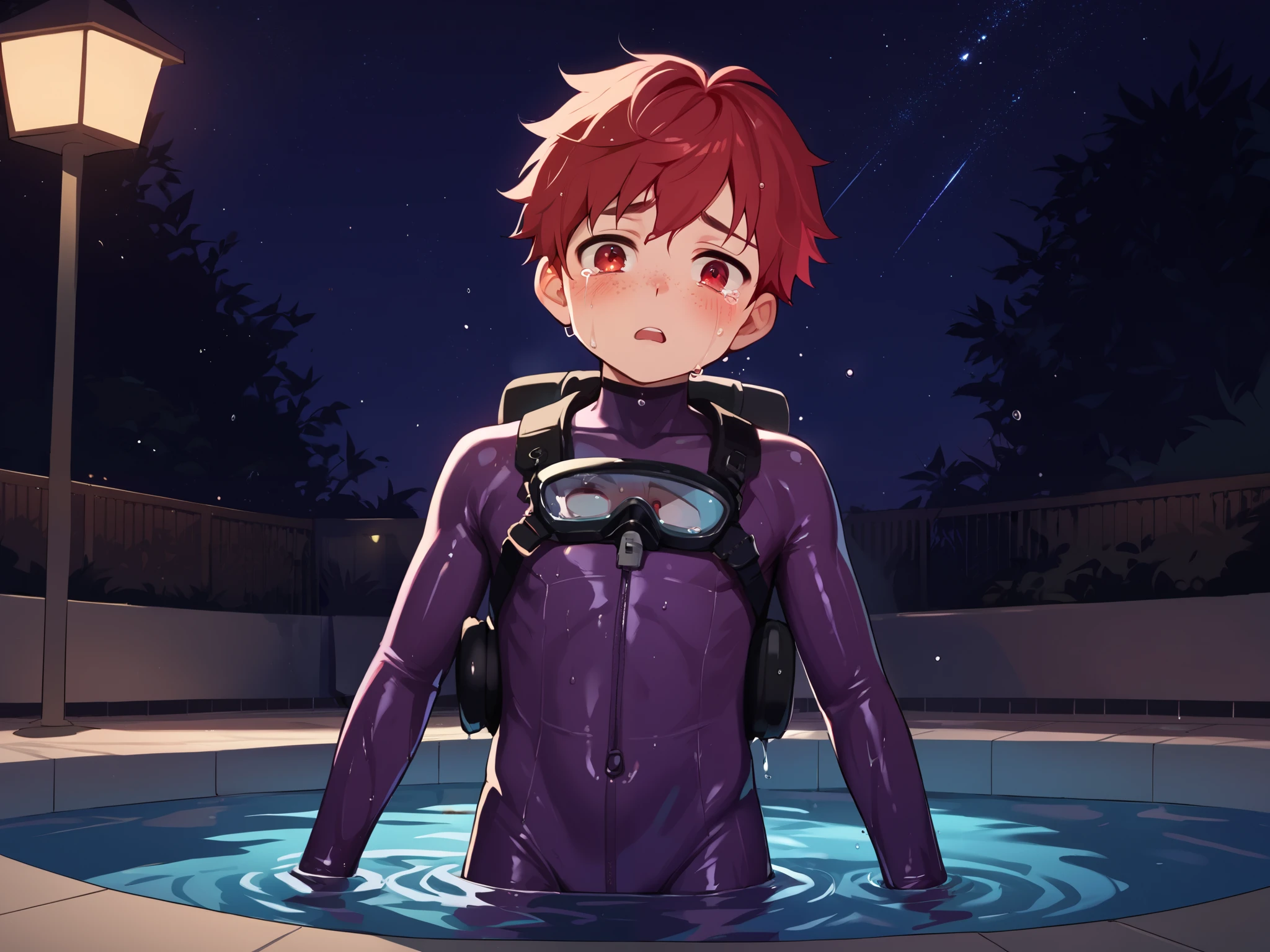 Anime character in purple wetsuit standing in pool with headphones on ...
