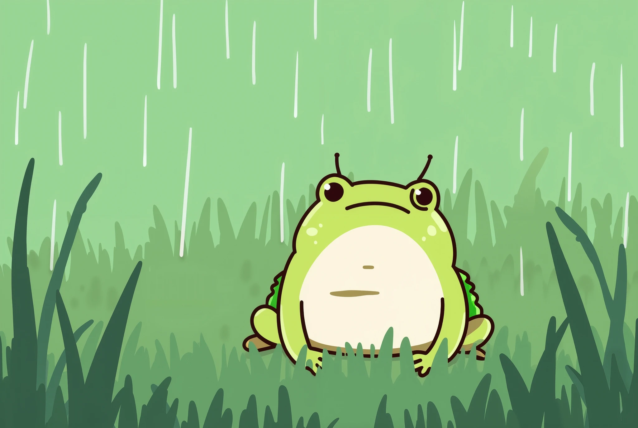 There is a cartoon frog sitting in the grass in the rain - SeaArt AI