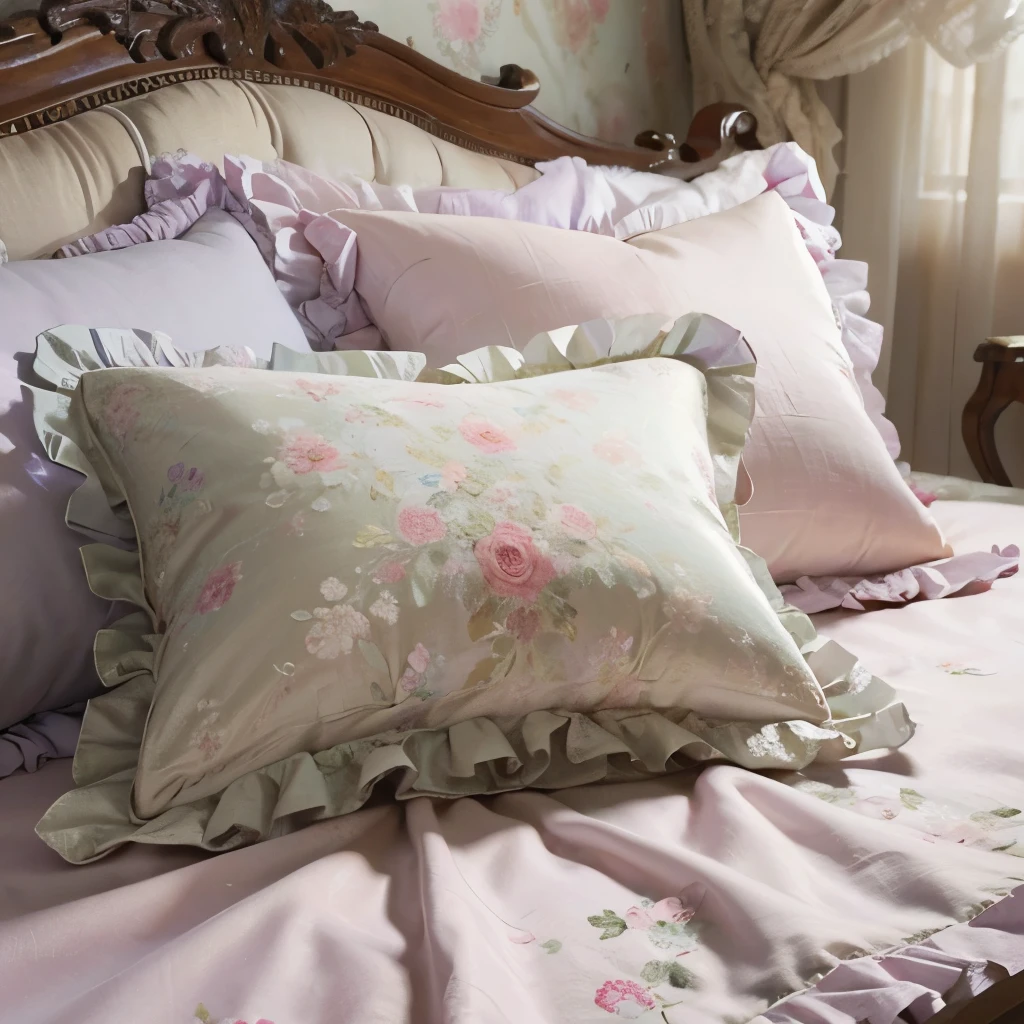 There are many pillows on a bed with a floral design - SeaArt AI