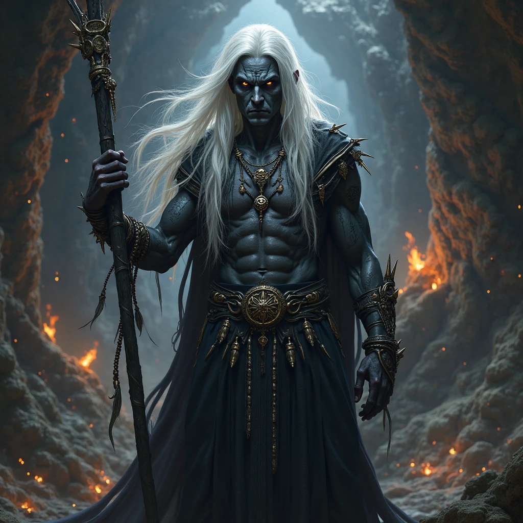 Create a realistic image of a white-haired, black-skinned Drow shaman - SeaArt AI