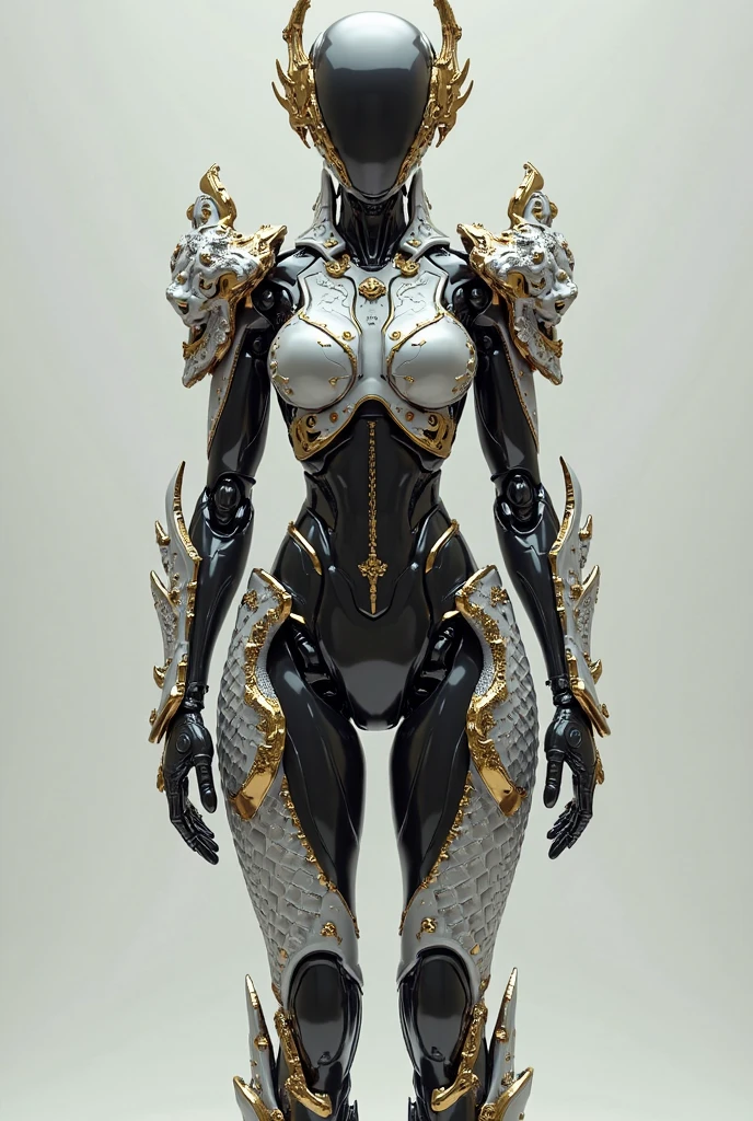 Female humanoid robot . Faceless. With dragon-themed armor. color black ...
