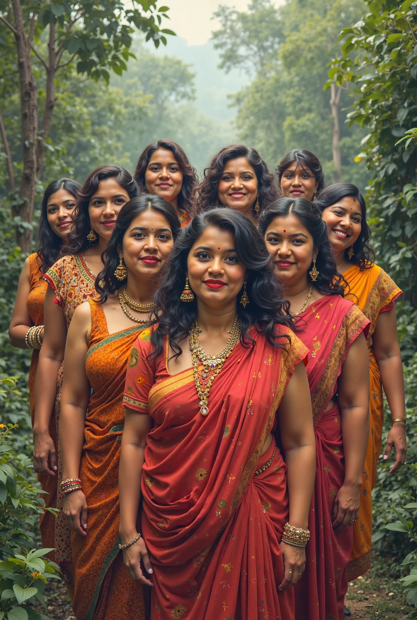 Arafed women in saris standing in a forest with trees - SeaArt AI
