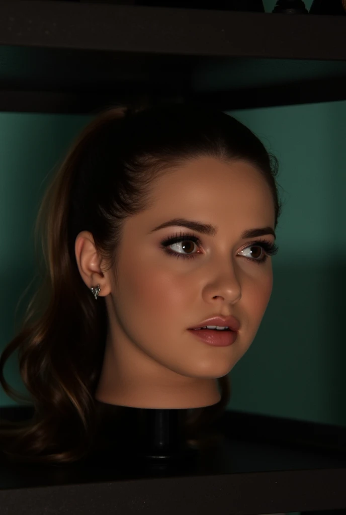 Photo of pretty 20 year old woman's disembodied head on the shelf ...