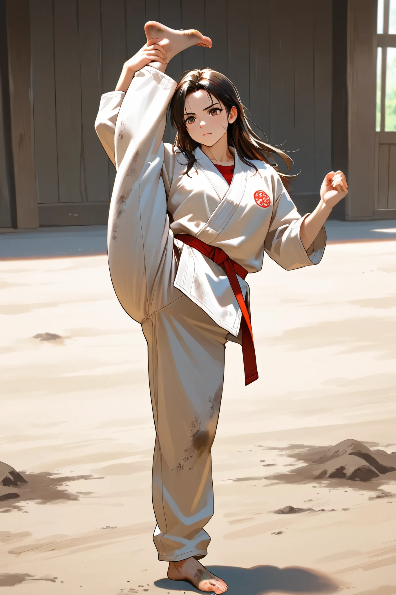 There is a woman in a karate outfit doing a kick - SeaArt AI