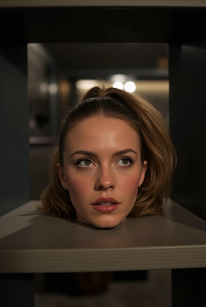 Photo of pretty 20 year old woman's disembodied head on the shelf ...