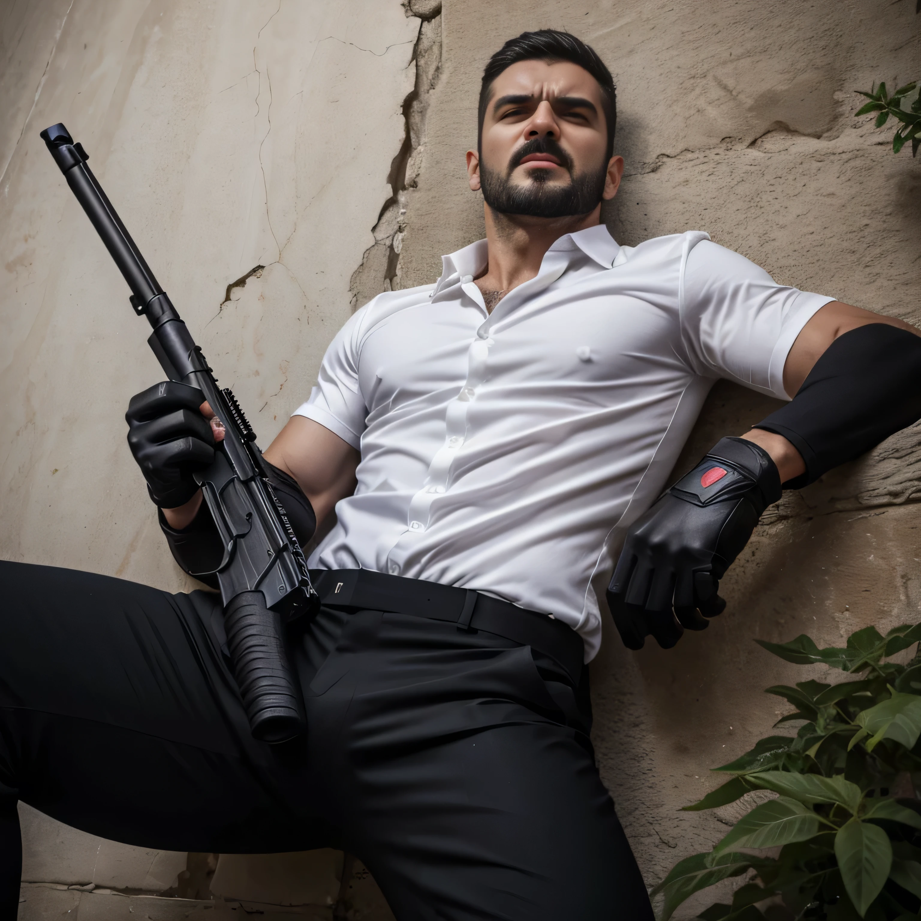 Arafed man in white shirt and black gloves holding a gun - SeaArt AI