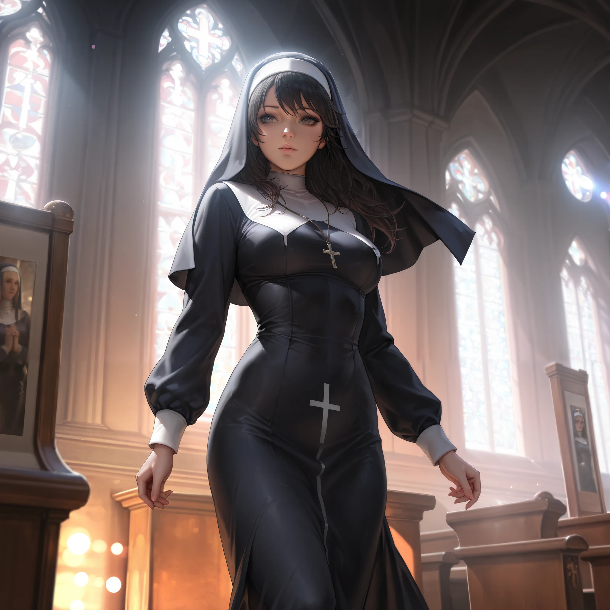 Arafed woman in a black dress and a nun in a church - SeaArt AI