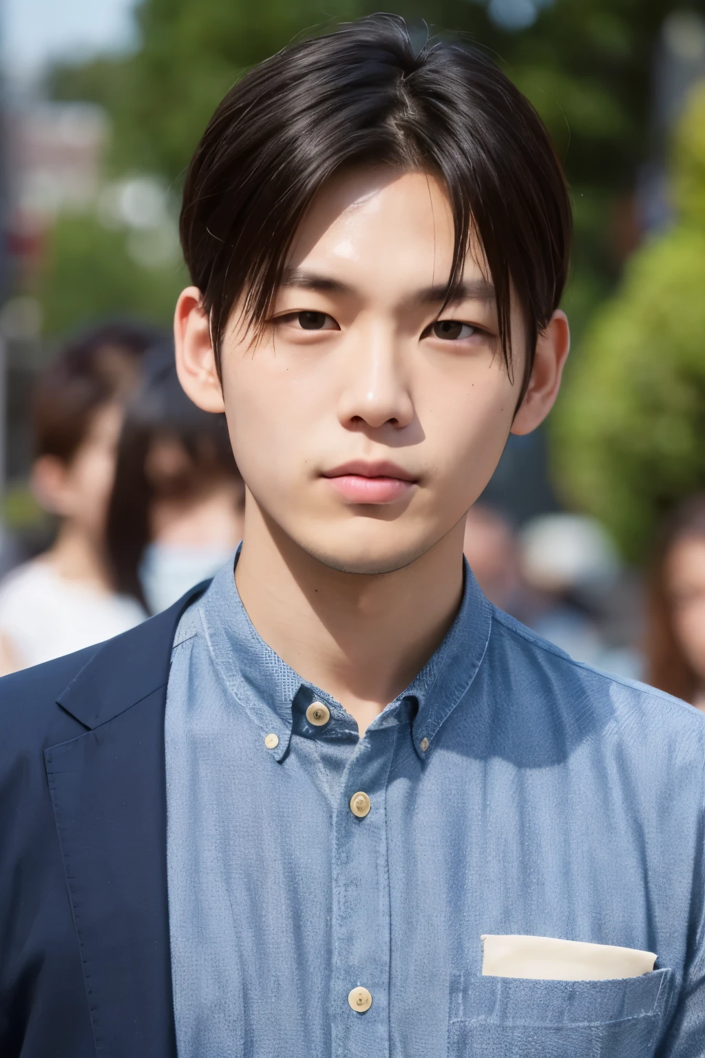 Arafed asian man in a blue shirt and jacket standing in front of a crowd - SeaArt AI