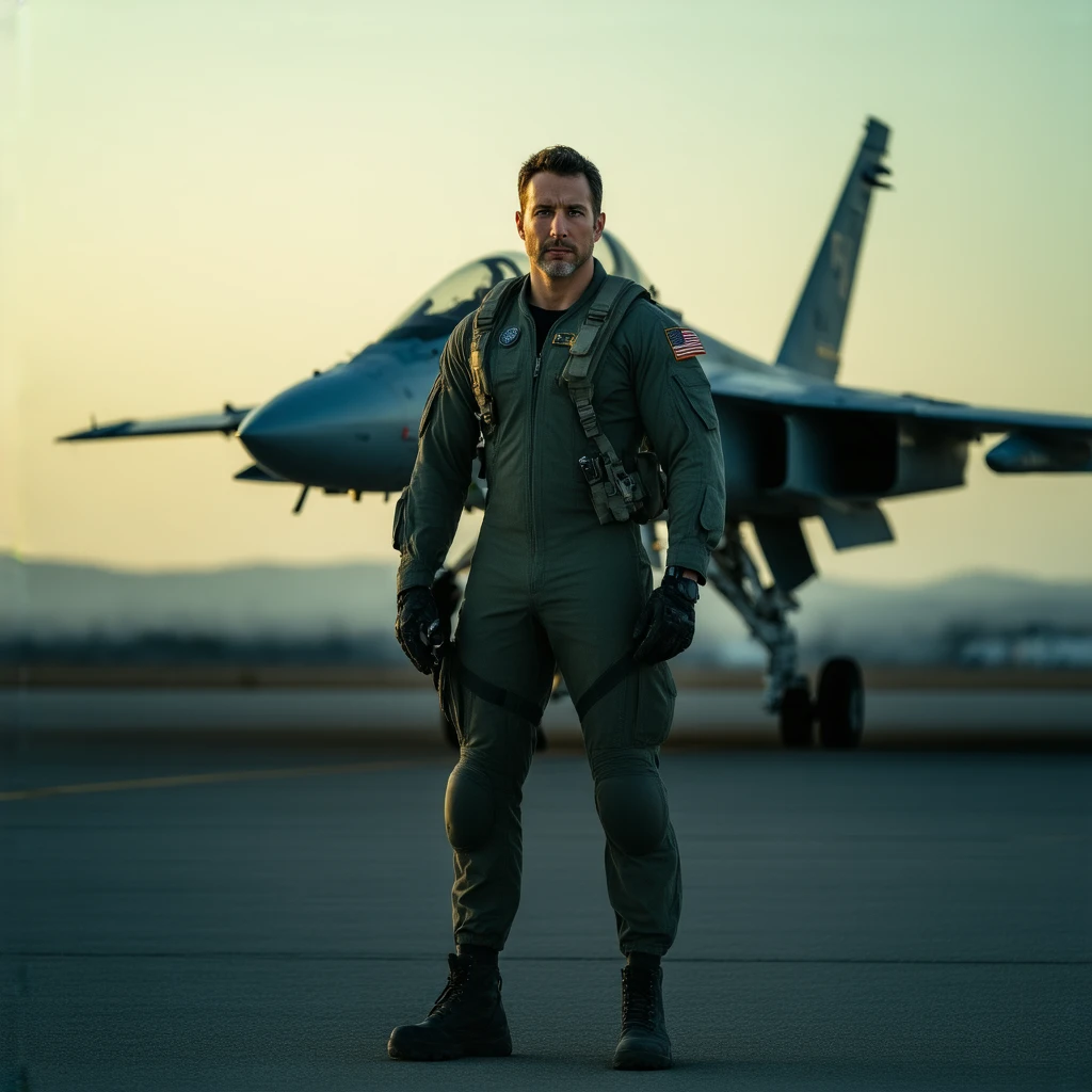 Ultra-realistic image of a fighter pilot in front of his fighter plane ...