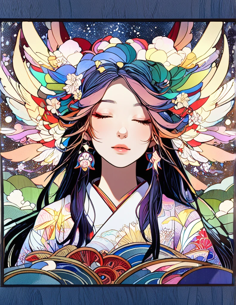 stained glass、 portraits、Beautiful Goddess、Amaterasu、 kimono - SeaArt AI