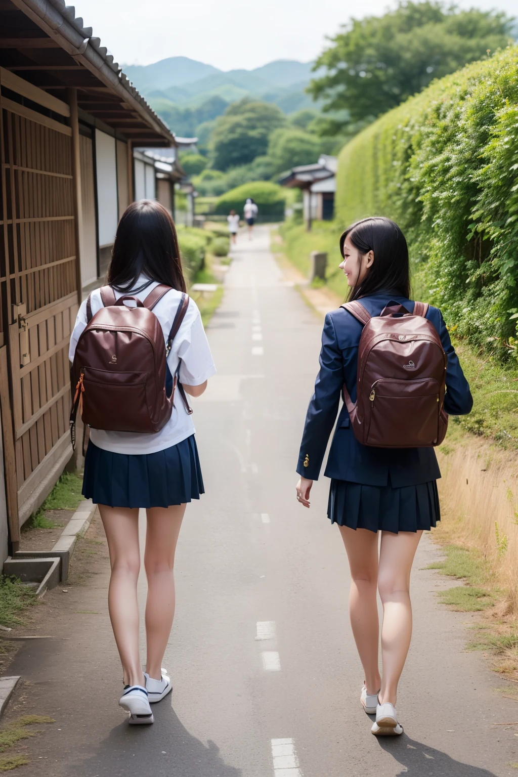 Two women walking down a street with backpacks on their backs - SeaArt AI