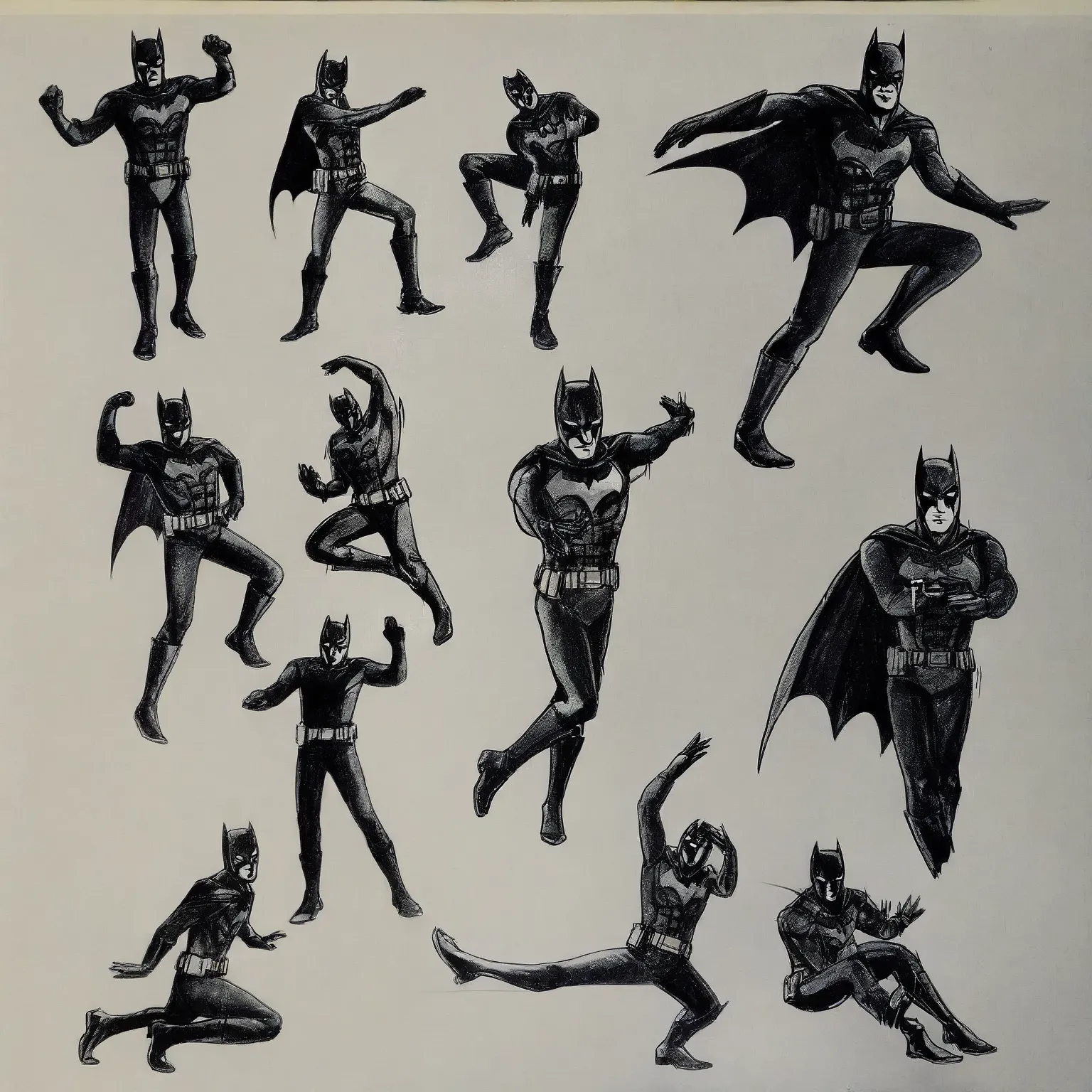 Batman poses drawn in black ink on a white background - SeaArt AI