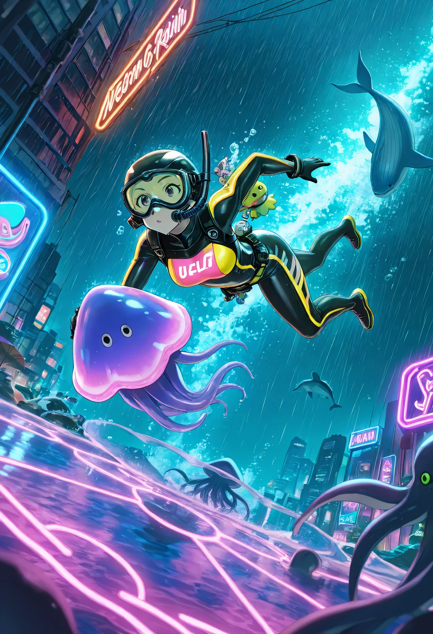 Cartoon character in a wet suit diving in the ocean with octopuses ...