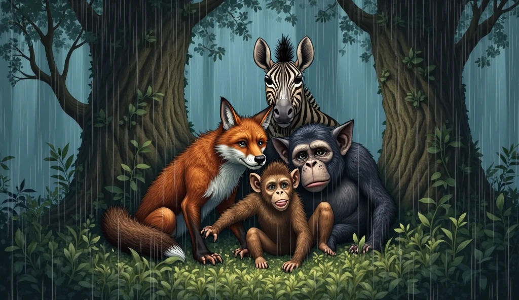 All the animals dear fox monkey zebra were frightened, huddling ...