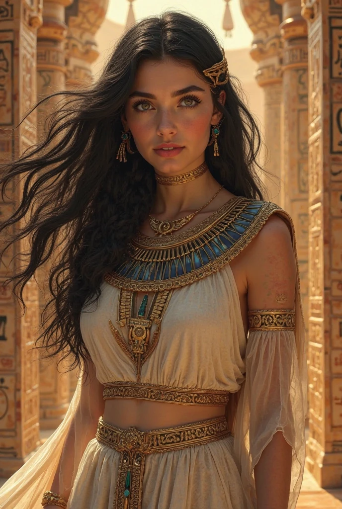 A girl with black hair and hazel eyes and wears an ancient Egyptian ...