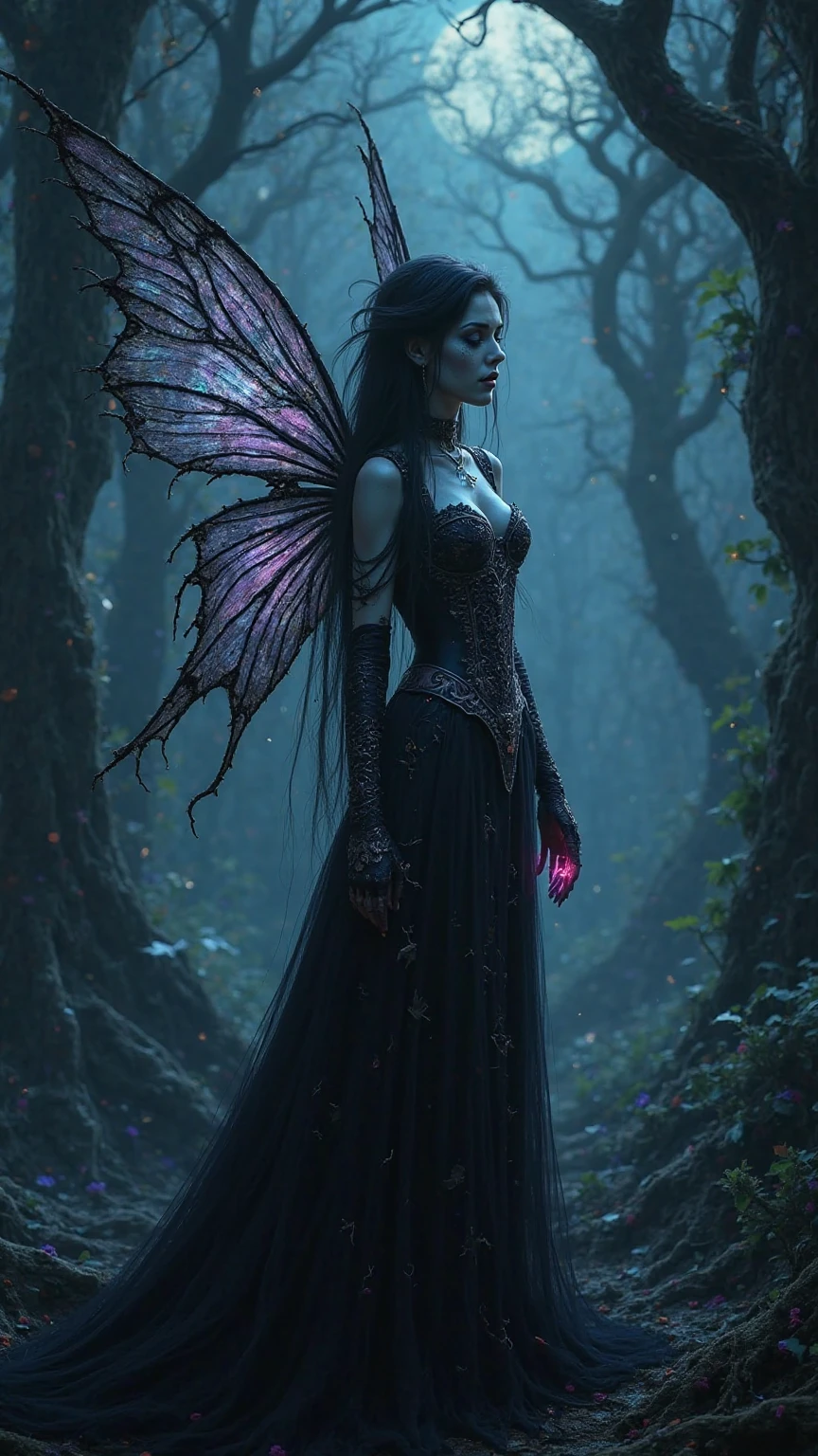 "A dark fantasy fairy with a haunting presence, standing in a moonlit ...