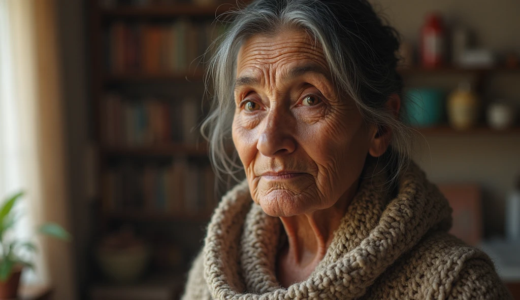 A hyper-realistic portrait of a 35-year-old elderly woman with a gentle ...