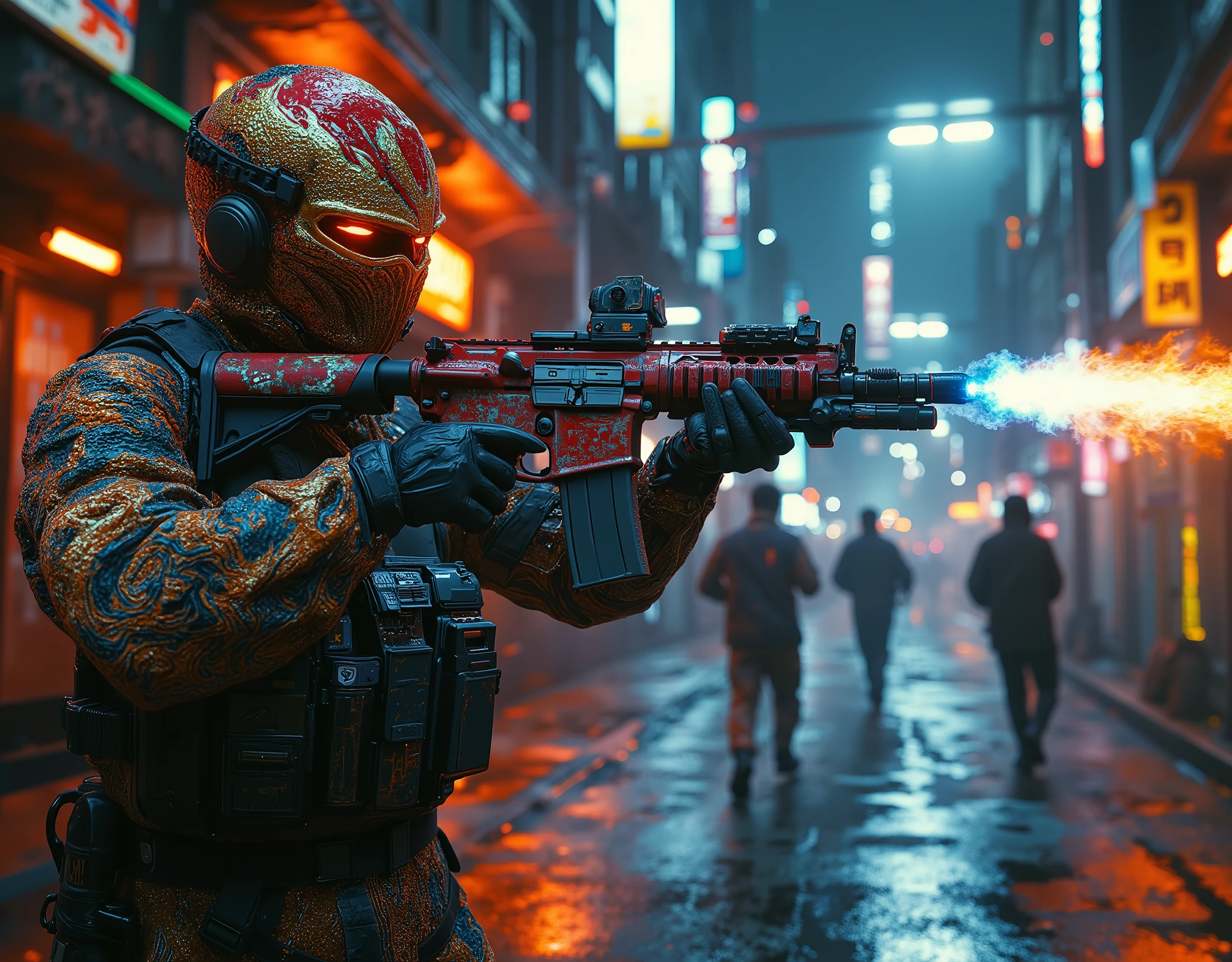 There is a man in a red and gold outfit holding a gun - SeaArt AI