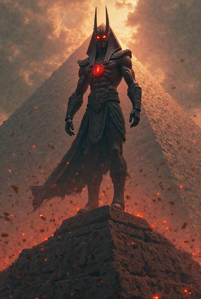The evil Egyptian god Seth stands on top of the pyramid, his eyes glow ...