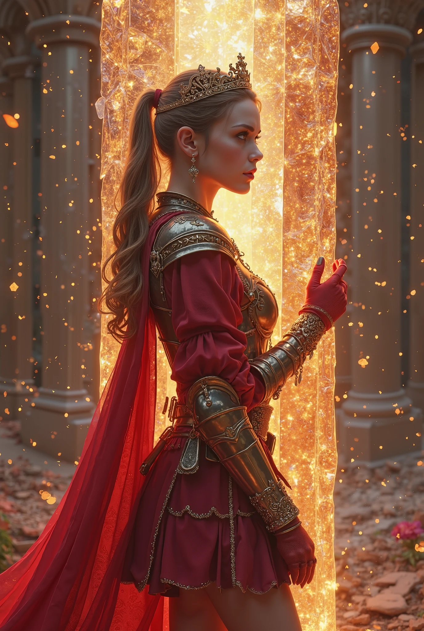 Arafed woman in a red dress and a crown standing in front of a pillar ...