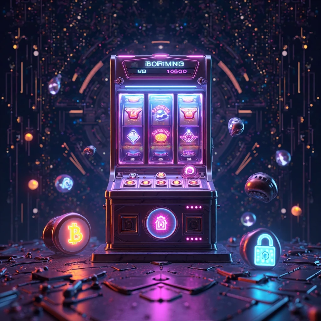 A futuristic decentralized slot machine, cyberpunk neon casino theme ...