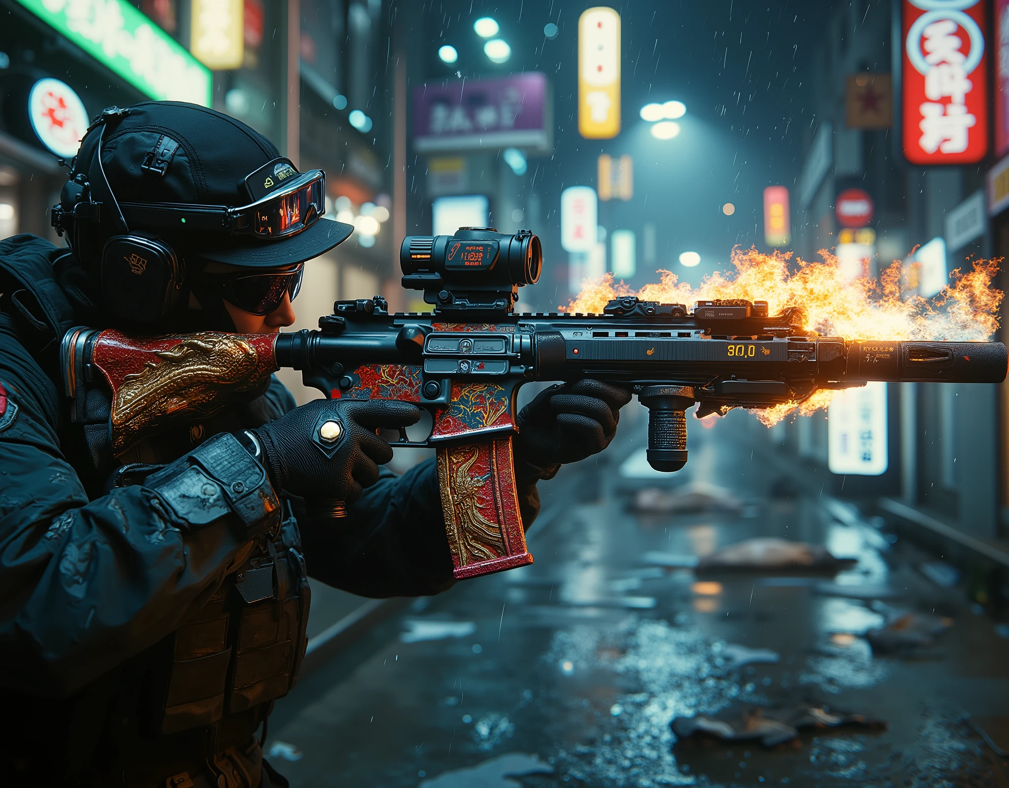 Arafed man in a gas mask holding a rifle in a city - SeaArt AI