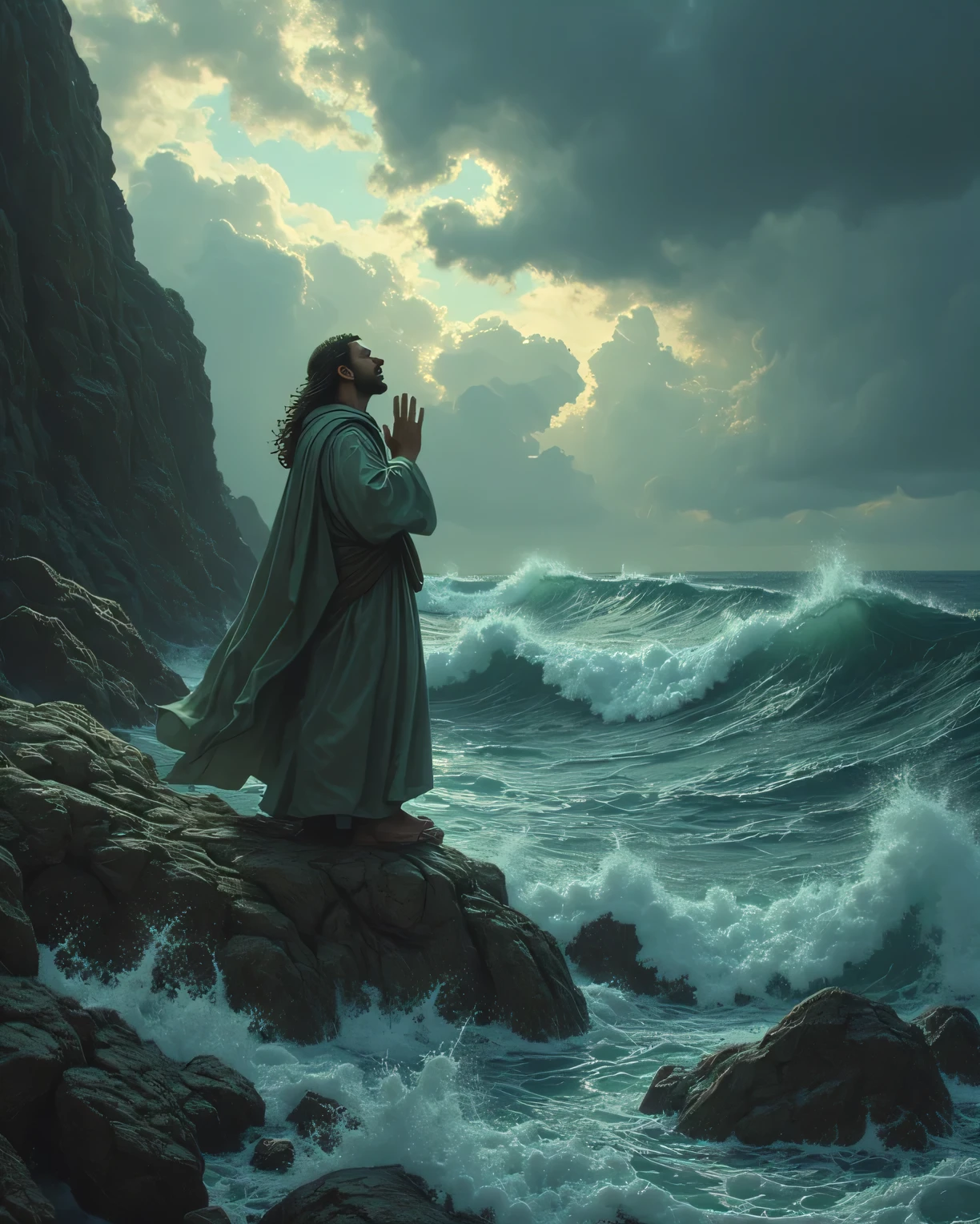 Jesus standing on a rock in the ocean praying - SeaArt AI