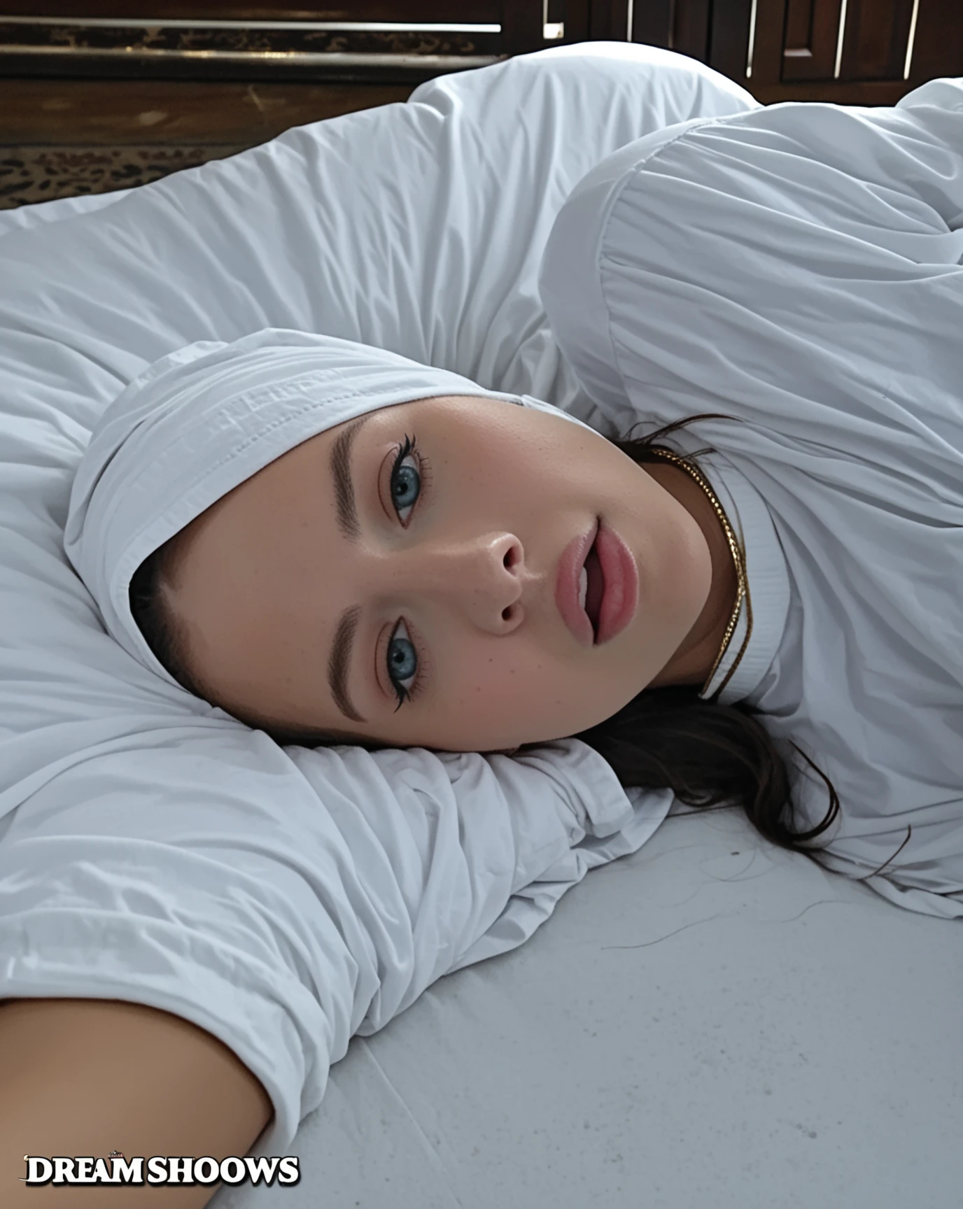 Full body PHOTOGRAPHY of a very beautiful woman wearing a oversized white mens s - SeaArt AI