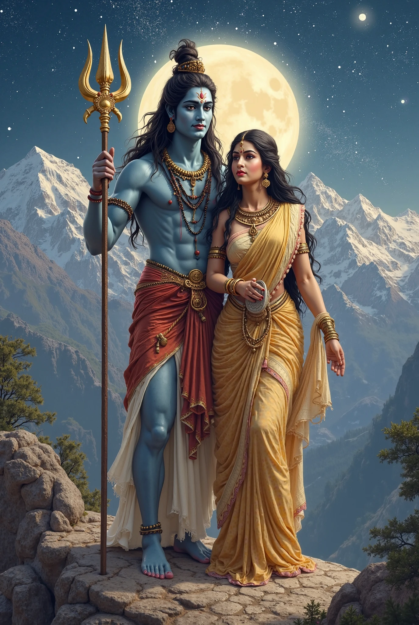 There is a painting of a man and woman standing on a rock - SeaArt AI