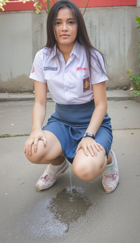 A beautiful girl squatting and (wetting herself:1.8). She is wearing Indonesia S - SeaArt AI