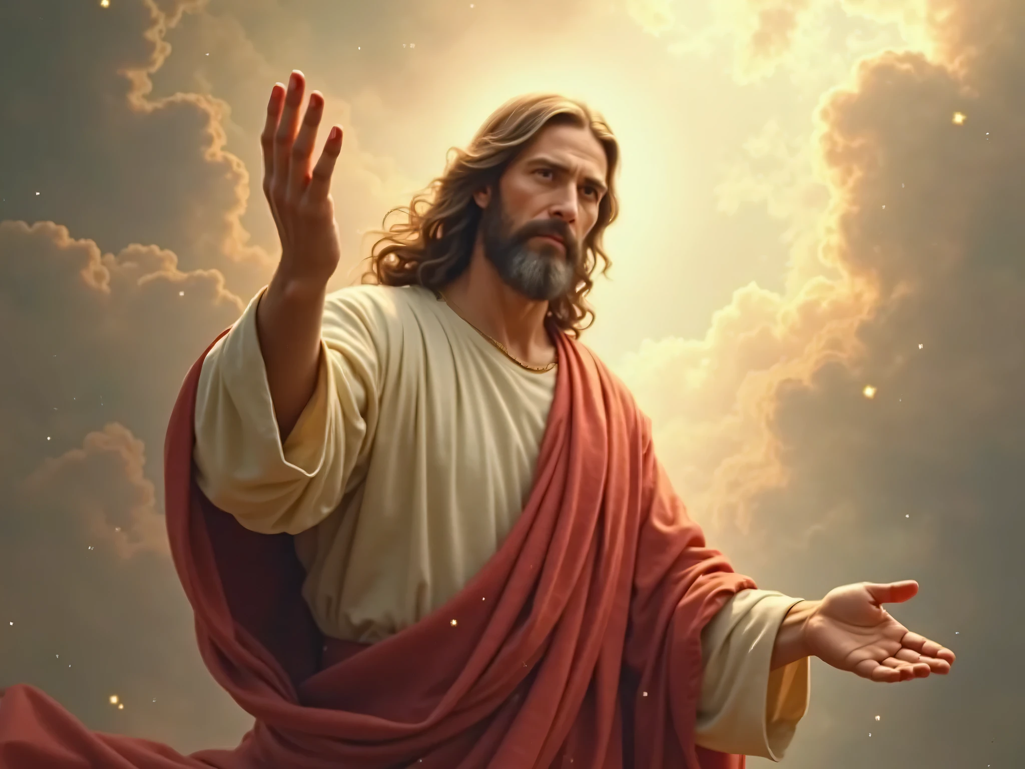 Jesus is standing in the clouds with his arms outstretched - SeaArt AI